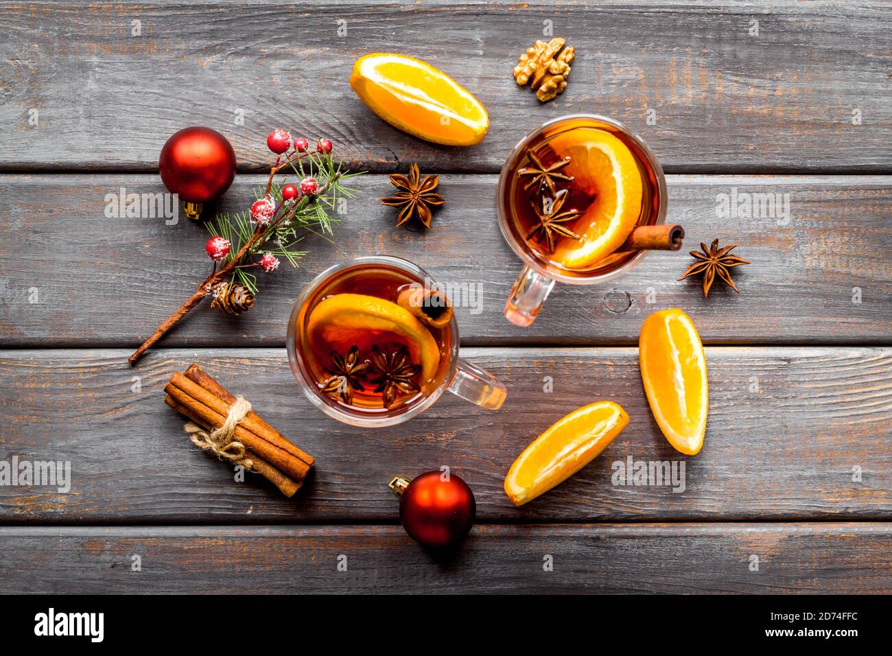 Flay lay of Christmas hot mulled wine with cinnamon and spices Stock ...