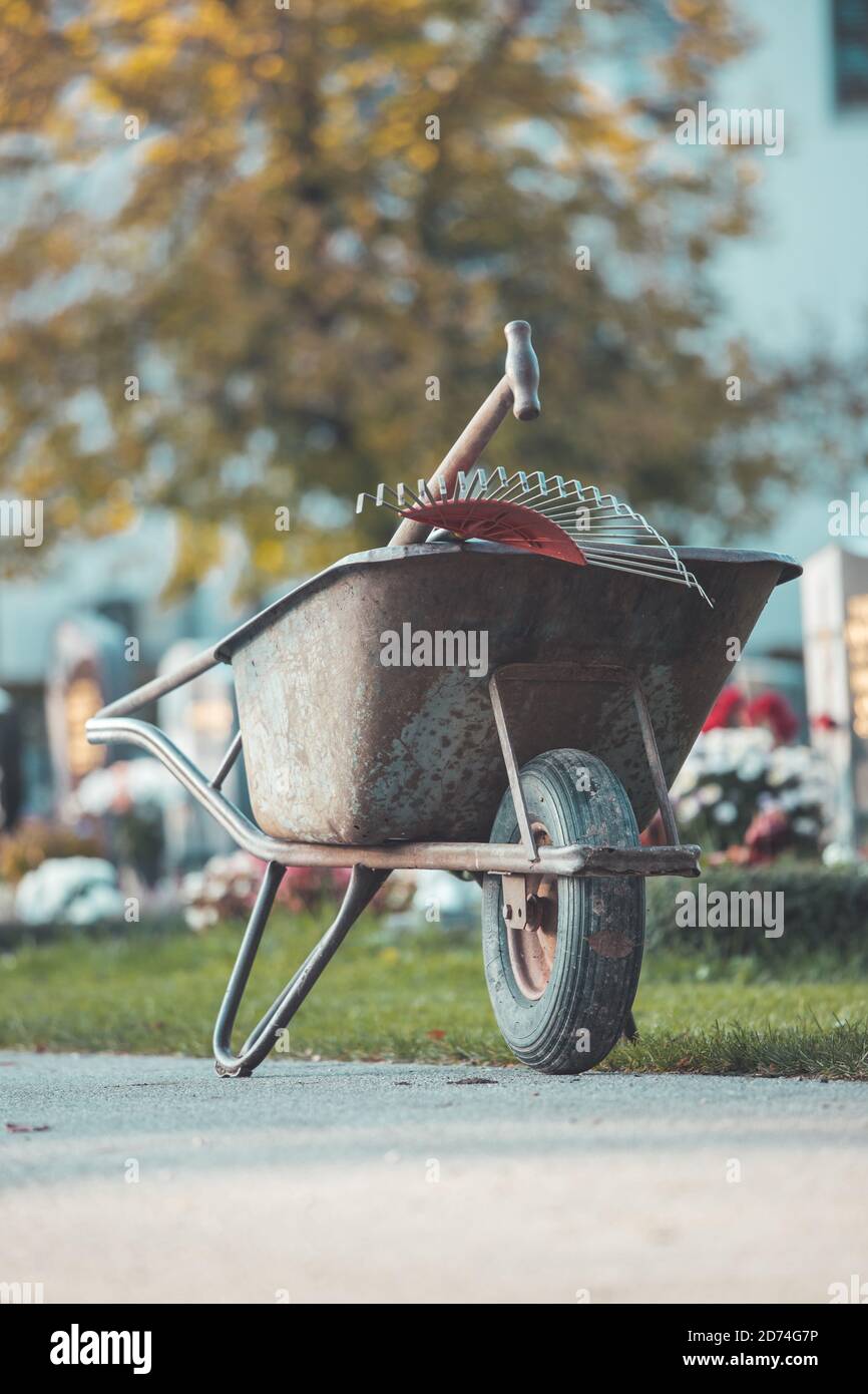 Close up of grey wheelbarrow in a park, gardening Stock Photo - Alamy