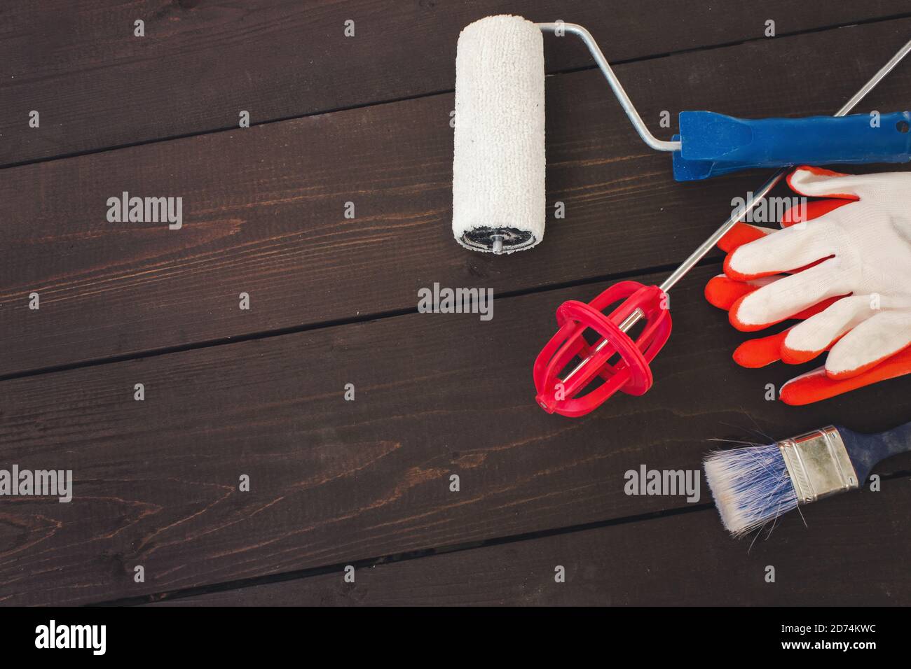 Items and tools of professional painter on wooden background. Painter ...