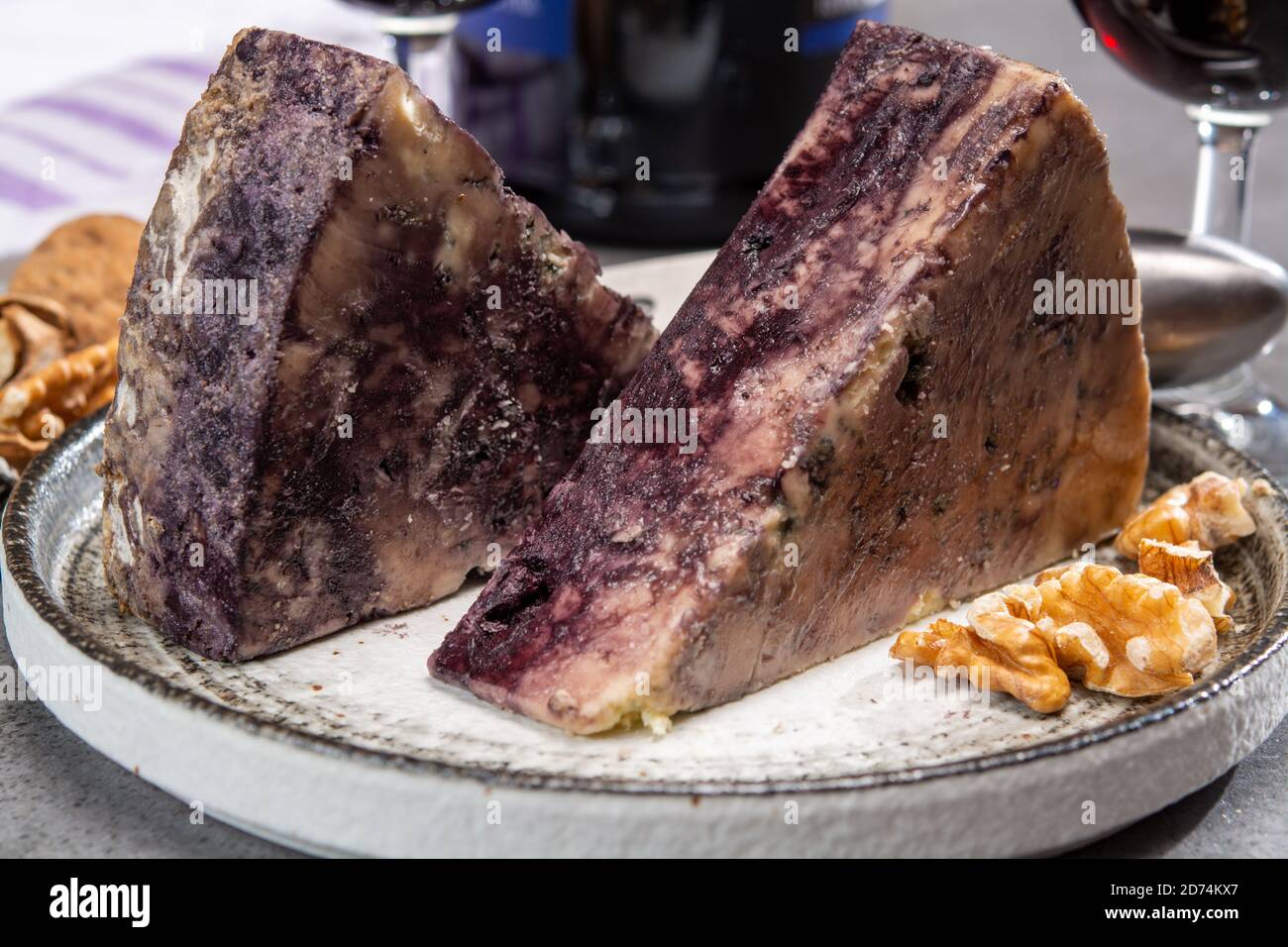 Cheese collection, blue stilton English cheese matured in red porto ...