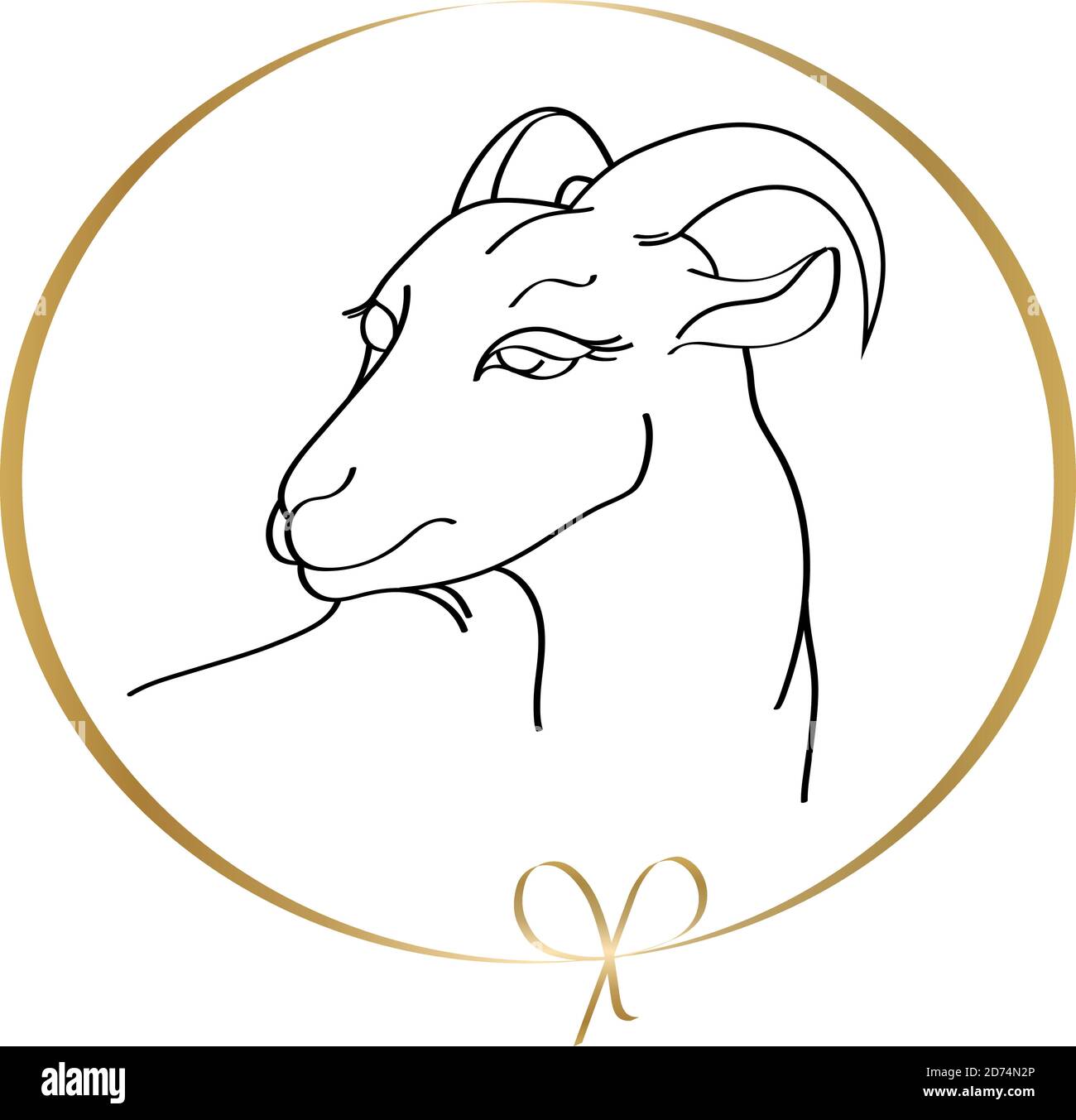 Handdrawn goat in round golden frame isolated on a white background ...