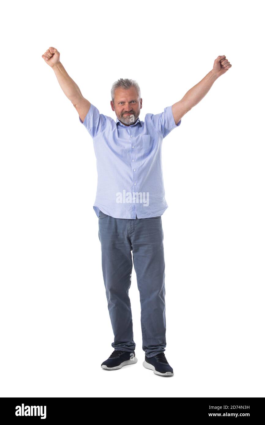 Senior business man winner with raised arms isolated on white ...
