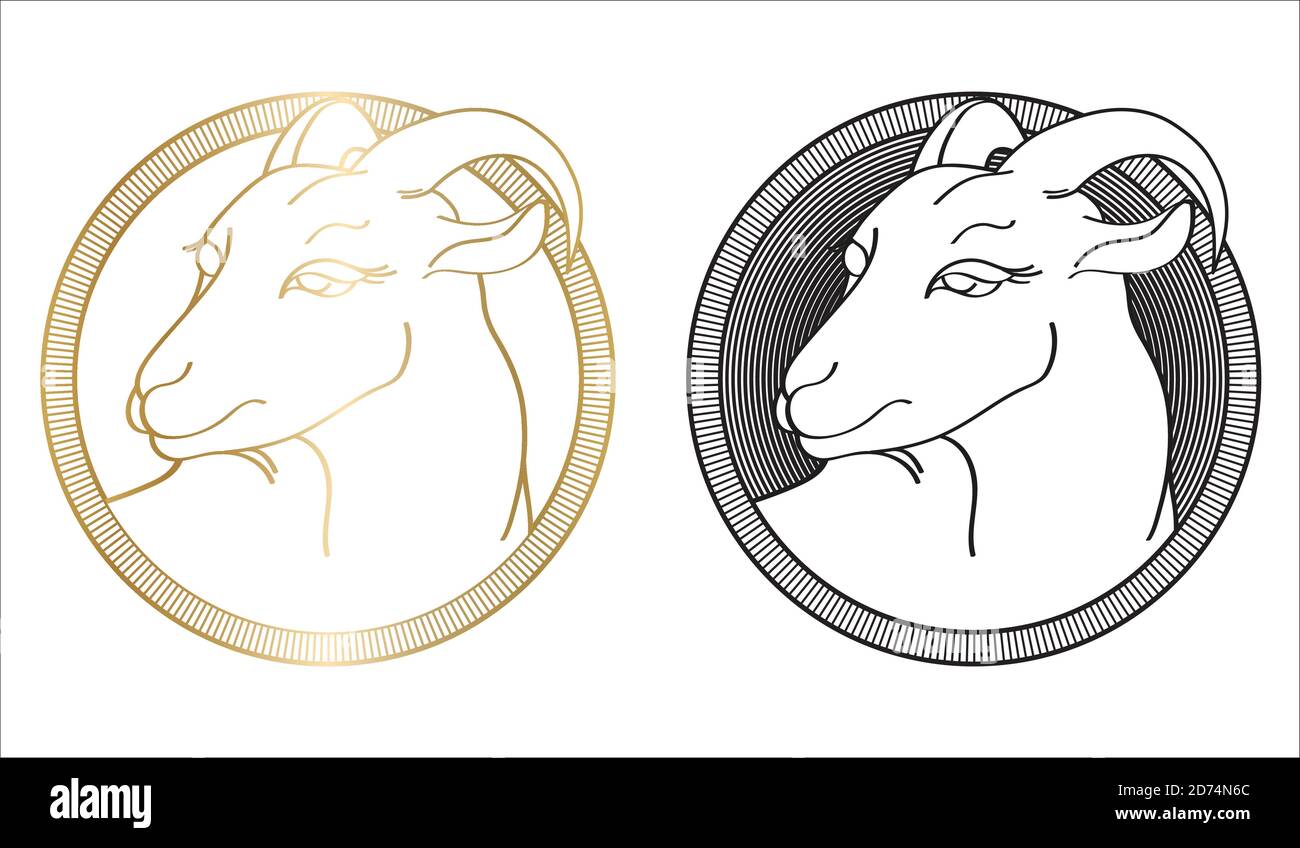 Handdrawn goat in hatched round frame isolated on a white background ...