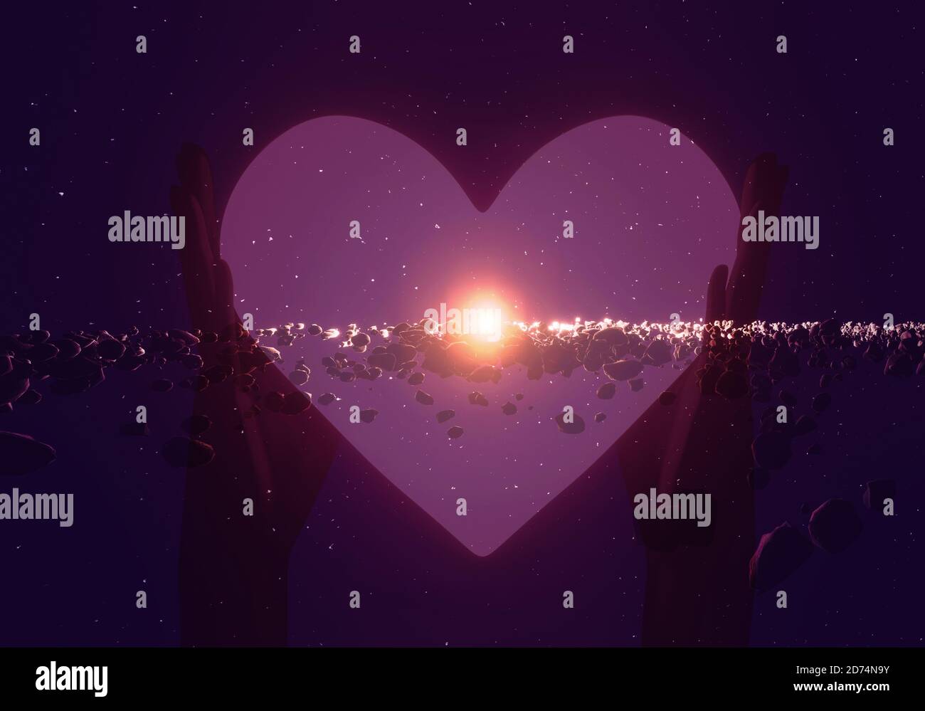 Hold a luminous bright cosmos heart in hands. Giving a heart, love ...