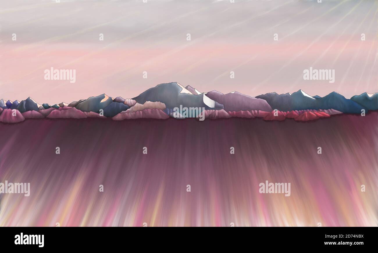 Mountain landscape, in lilac colors. Sun ray . Illustration Stock Photo ...