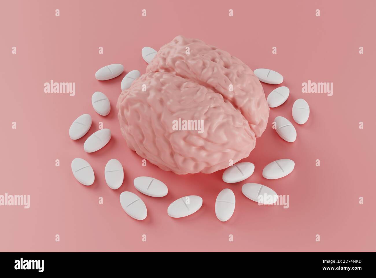 human brain surrounded by pills on pink background, nootropic for the ...