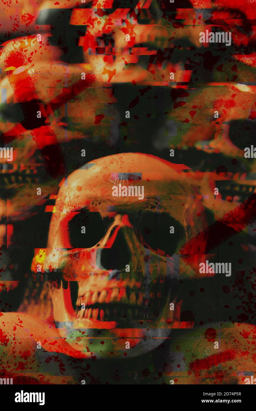 Heap of bloody skulls with glitch effect background. Scary psychedelic ...