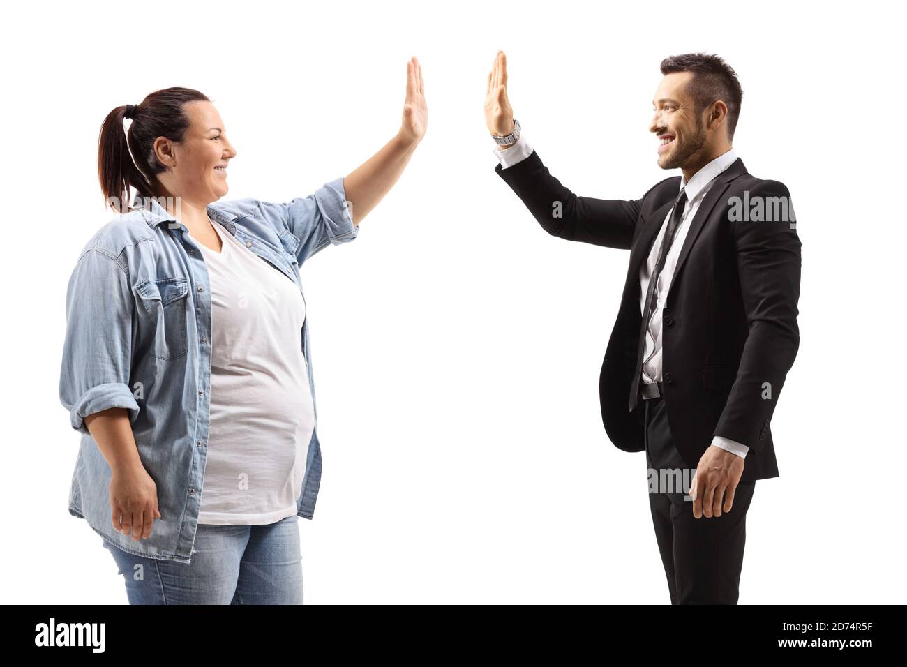 Corpulent woman high-fiving a man in a suit isolated on white ...