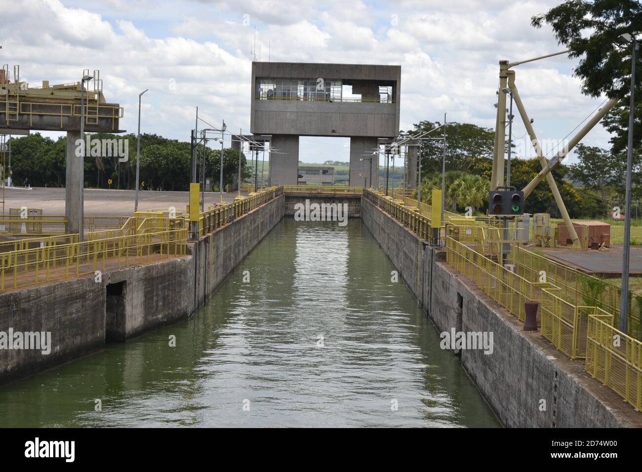 Dam, with an internal view in a freshwater river, iron and concrete ...