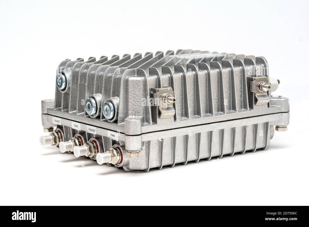 CATV system hanging on black optical fiber cables for amplify TV ...