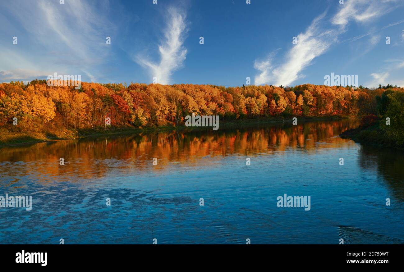 ST-Hughes,Quebec,Canada,October 17, 2020.Reflections of autumn treeline ...