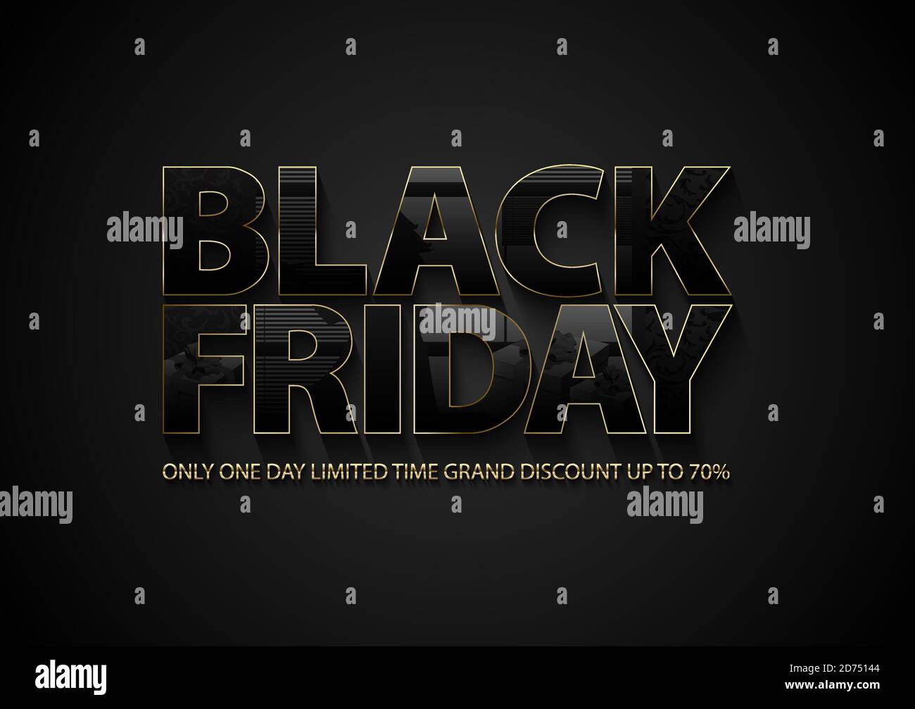 Black Friday vector banner. Glossy black text with thin golden frame on ...