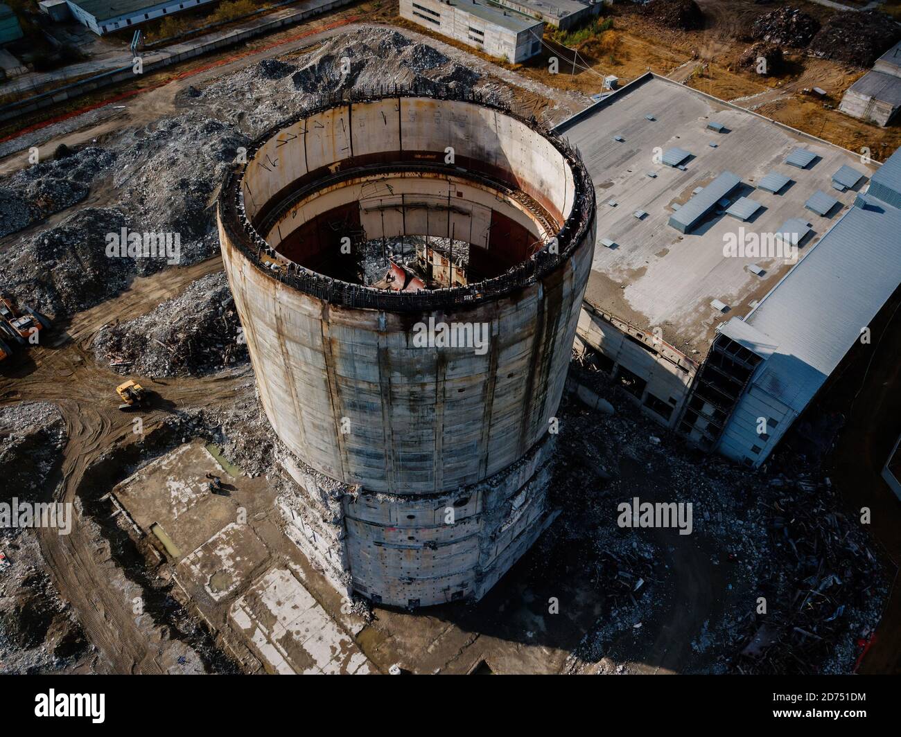 Aerial view of demolition site. Process of demolition of old industrial ...