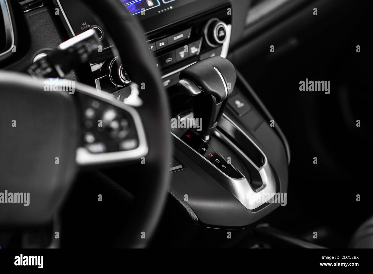 details of stylish car interior, leather interior. automatic ...