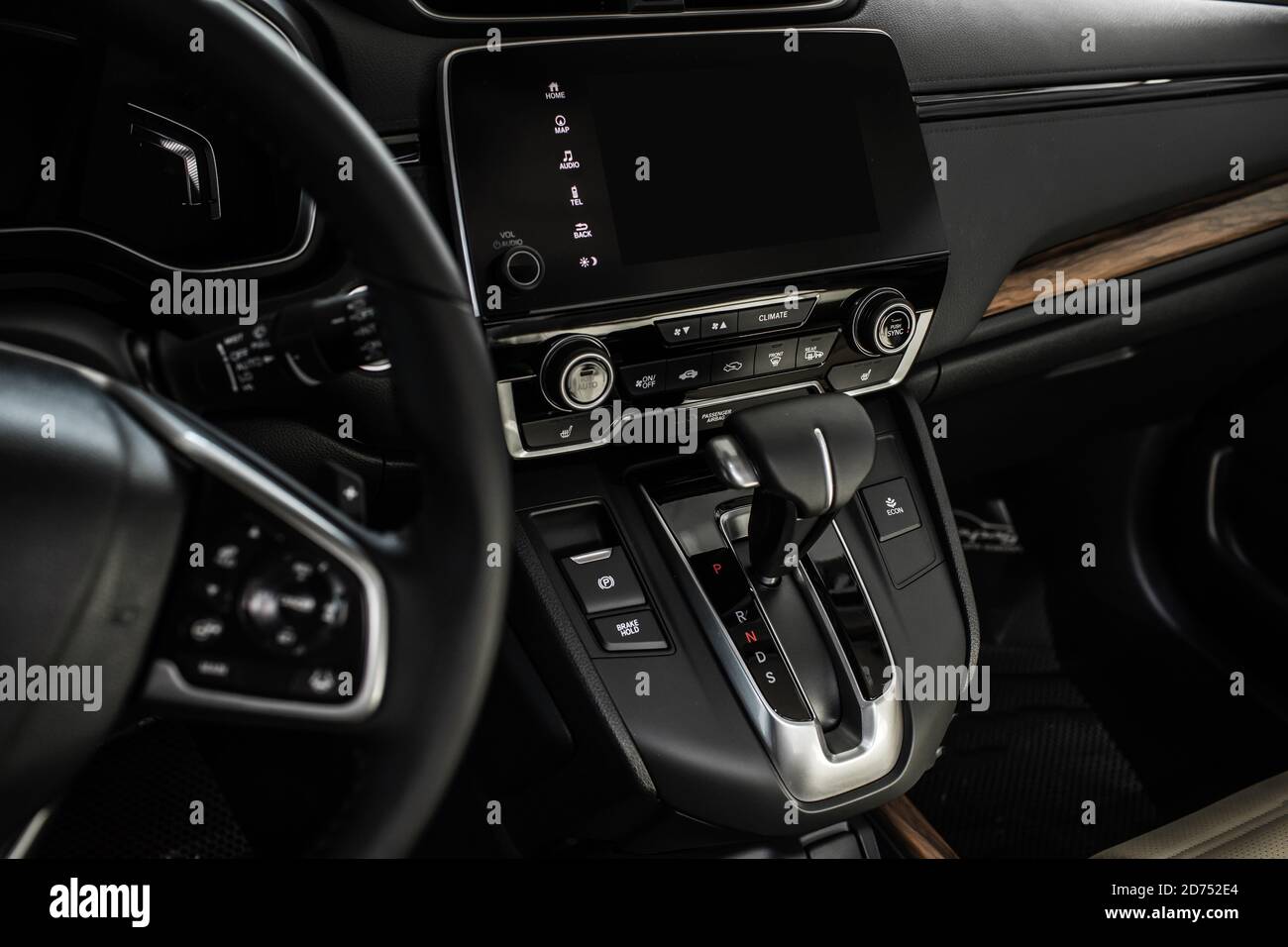 details of stylish car interior, leather interior. automatic ...