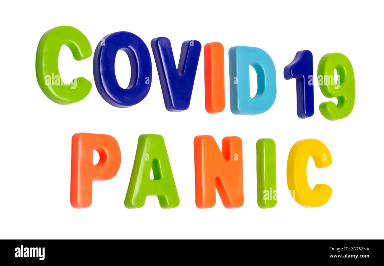 Coronavirus pandemic, text COVID-19 PANIC on a white background. Panic ...