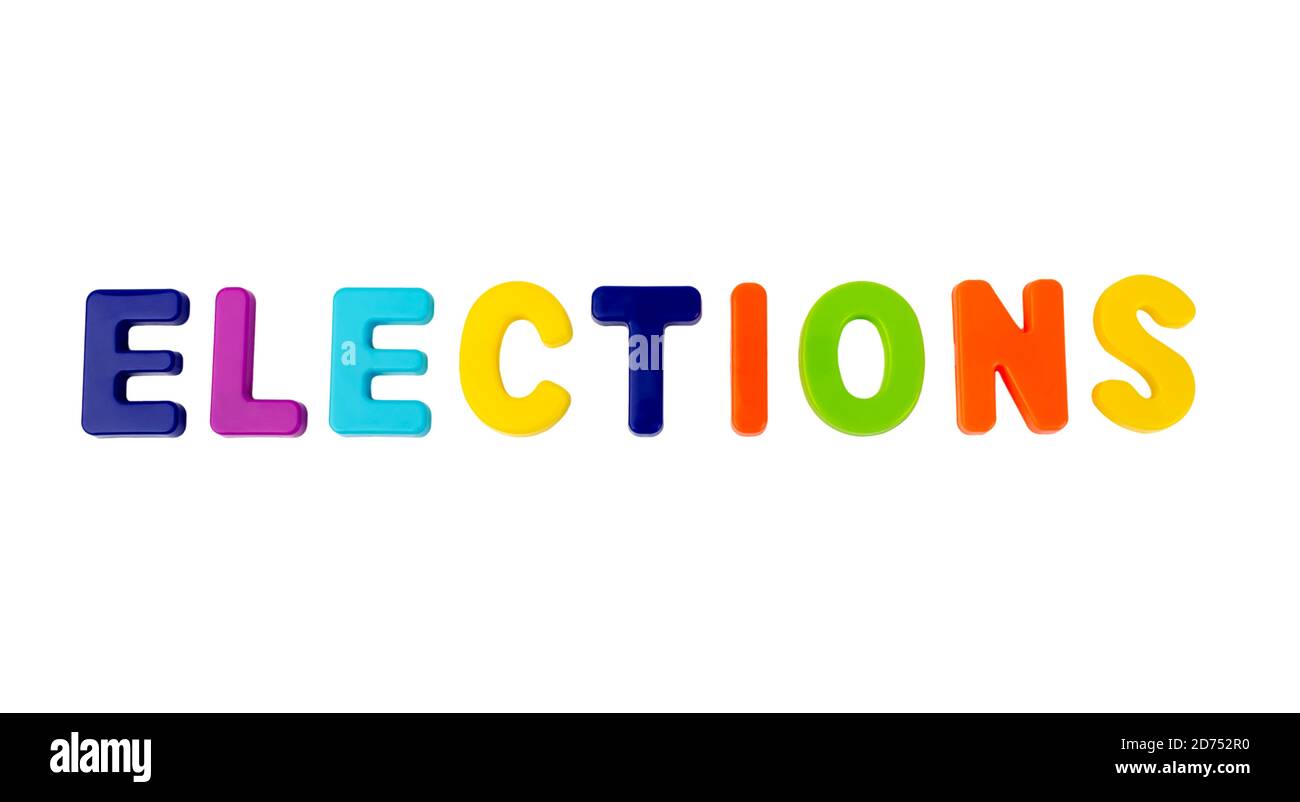 Text ELECTIONS written in plastic letters on a white background ...