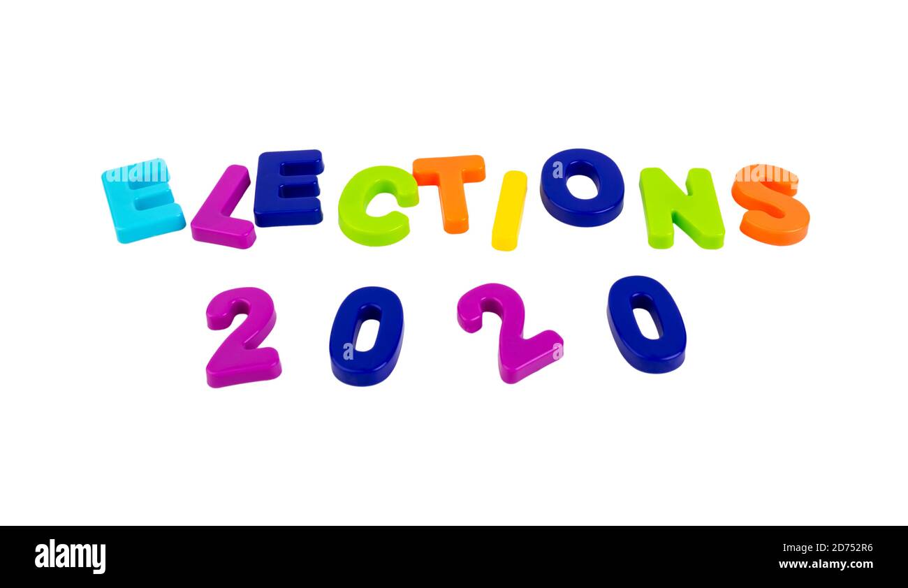 Text ELECTIONS 2020 written in plastic letters on a white background ...