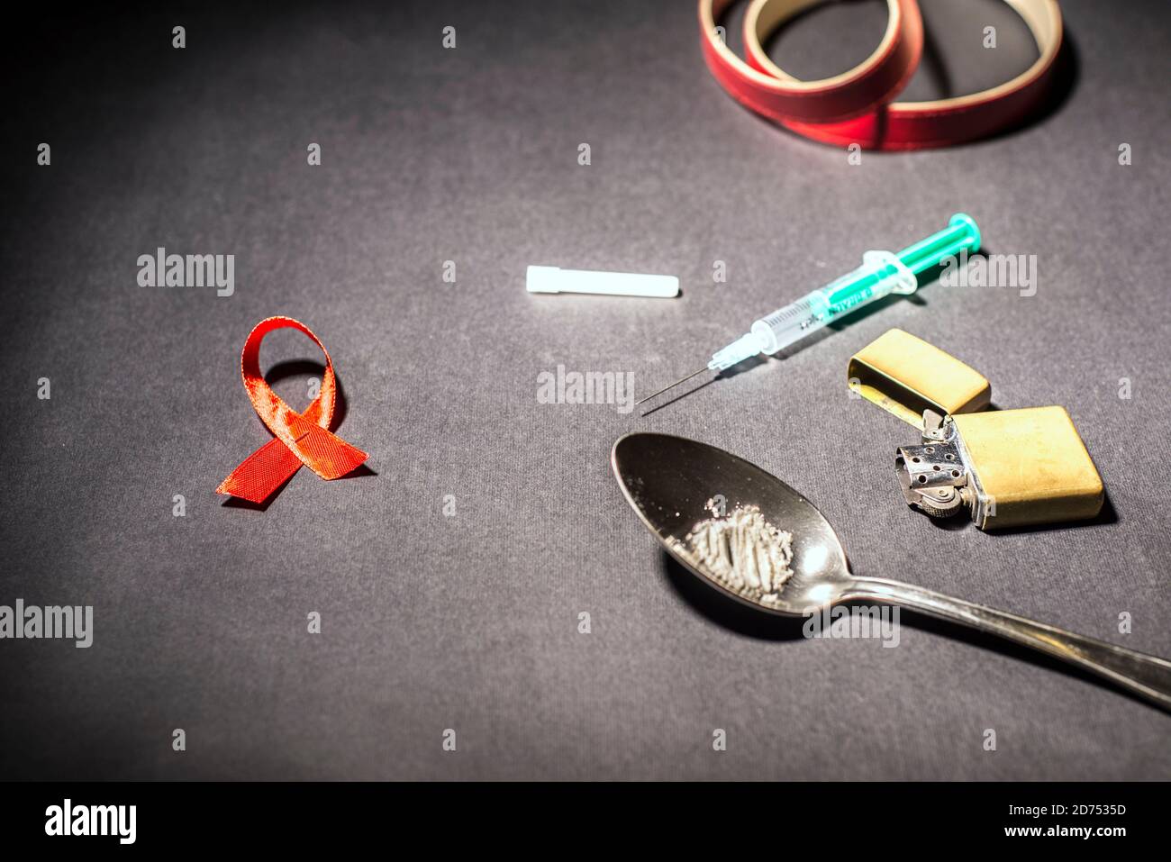 injection drugs Addiction A tourniquet spoon lighter syringe with ...