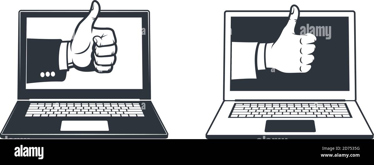 Thumb up gesture on computer display. Like sign on laptop screen Stock ...