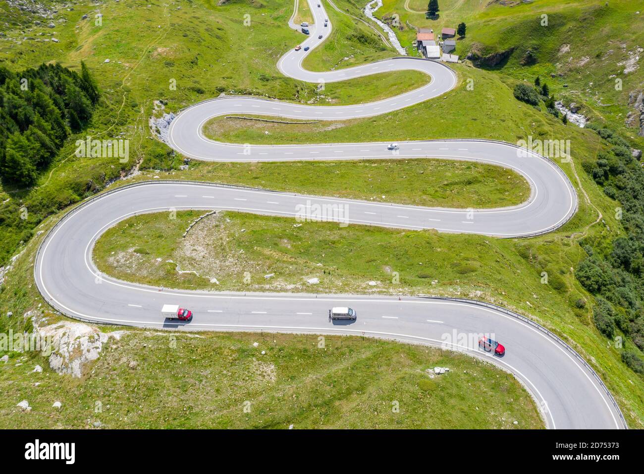 Amazing aerial view over curves of Julier mountain pass, Switzerland ...