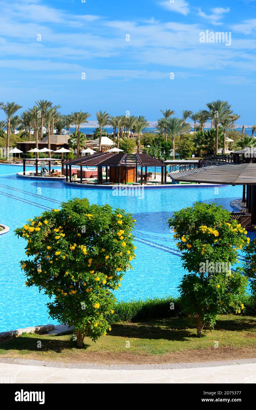 The swimming pool with bar at luxury hotel, Hurghada, Egypt Stock Photo ...