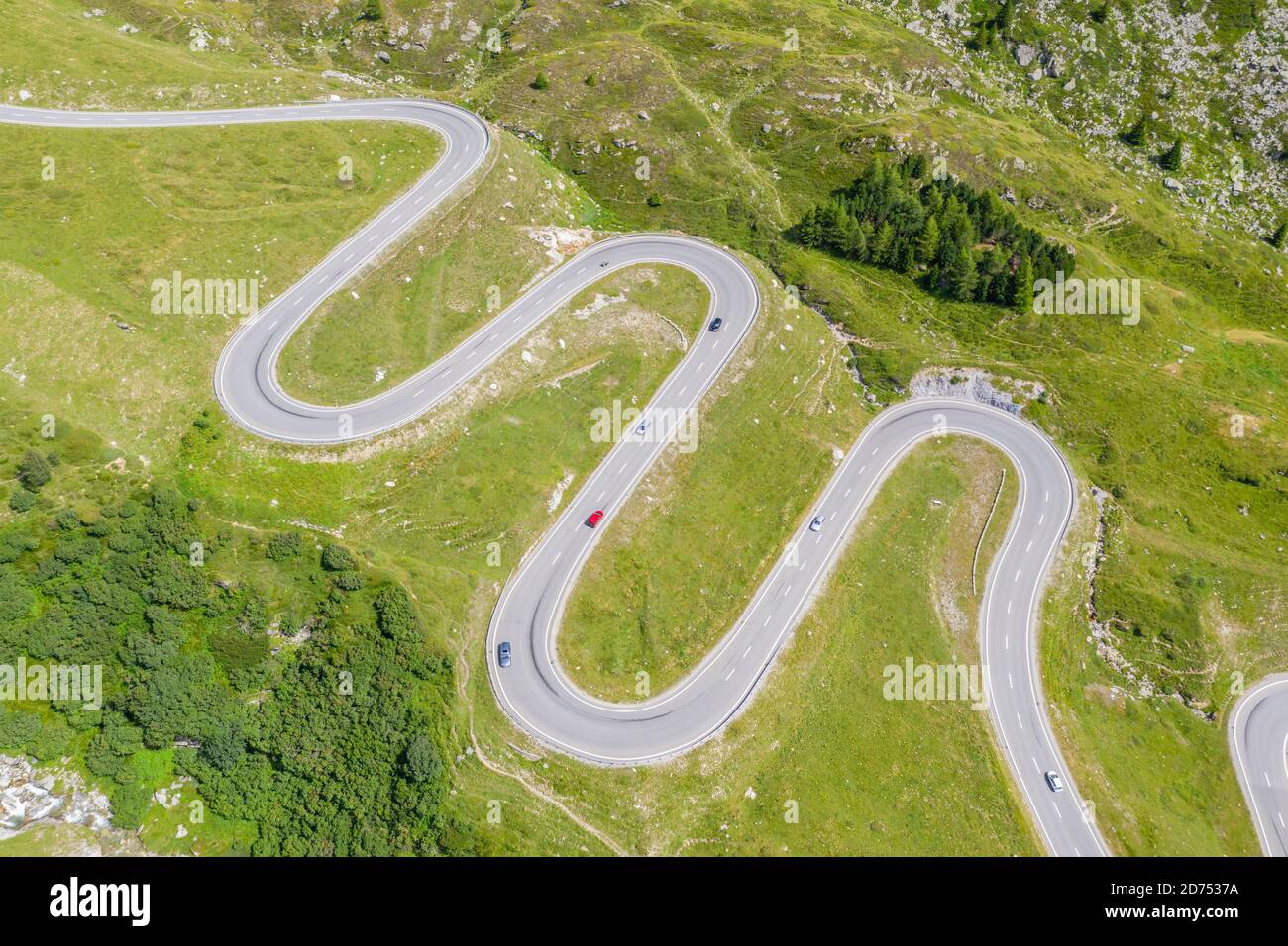 Amazing aerial view over curves of Julier mountain pass, Switzerland ...