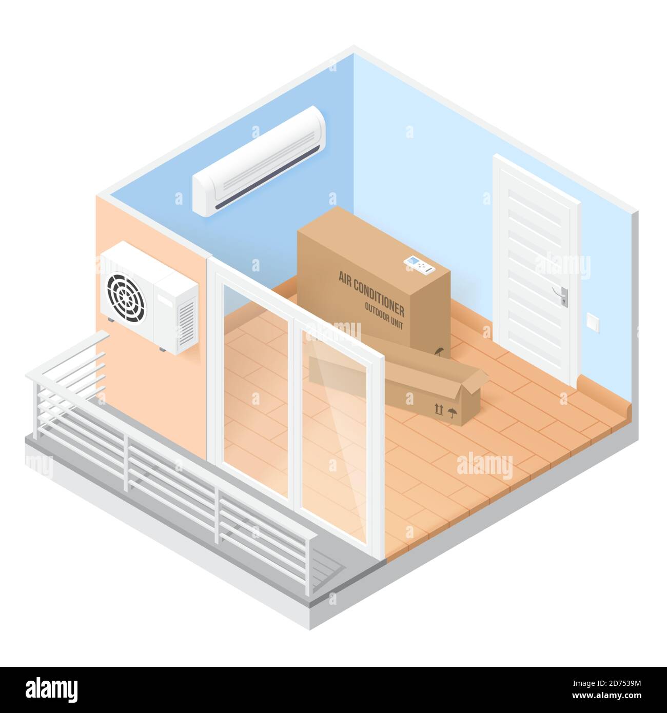 Air conditioner in empty room with balcony. Vector isometric ...