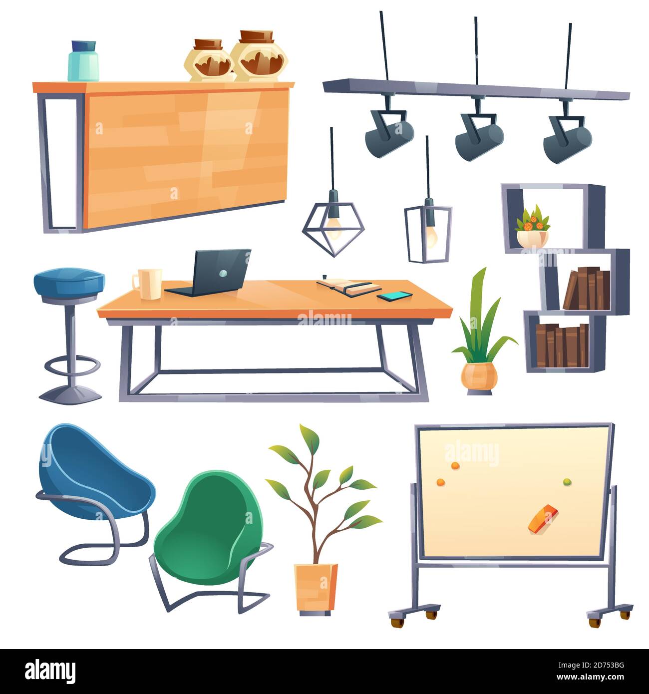 Coworking office interior set with laptop, desk, chairs and bar counter ...