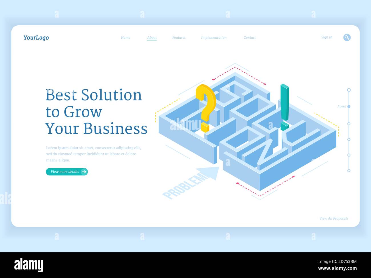 Best solutions for business grow isometric landing page with maze and question or exclamation ...