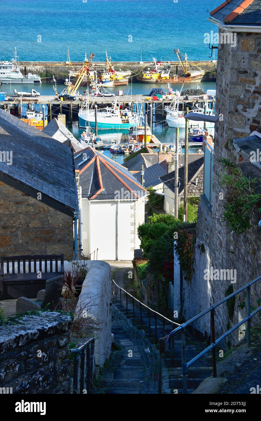 Newlyn street and view to harbour, Cornwall UK Stock Photo - Alamy