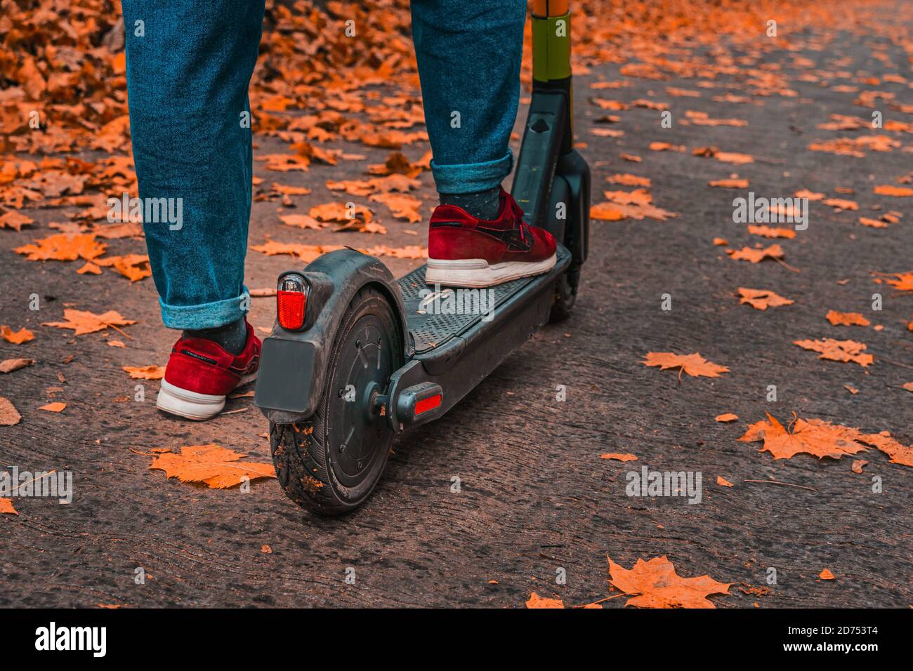 Cropped on woman legs feet riding on electric kick scooter in park ...
