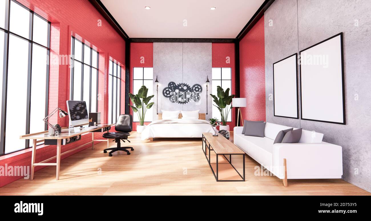 Red design Loft style Bedroom interior design. 3D rendering Stock Photo ...