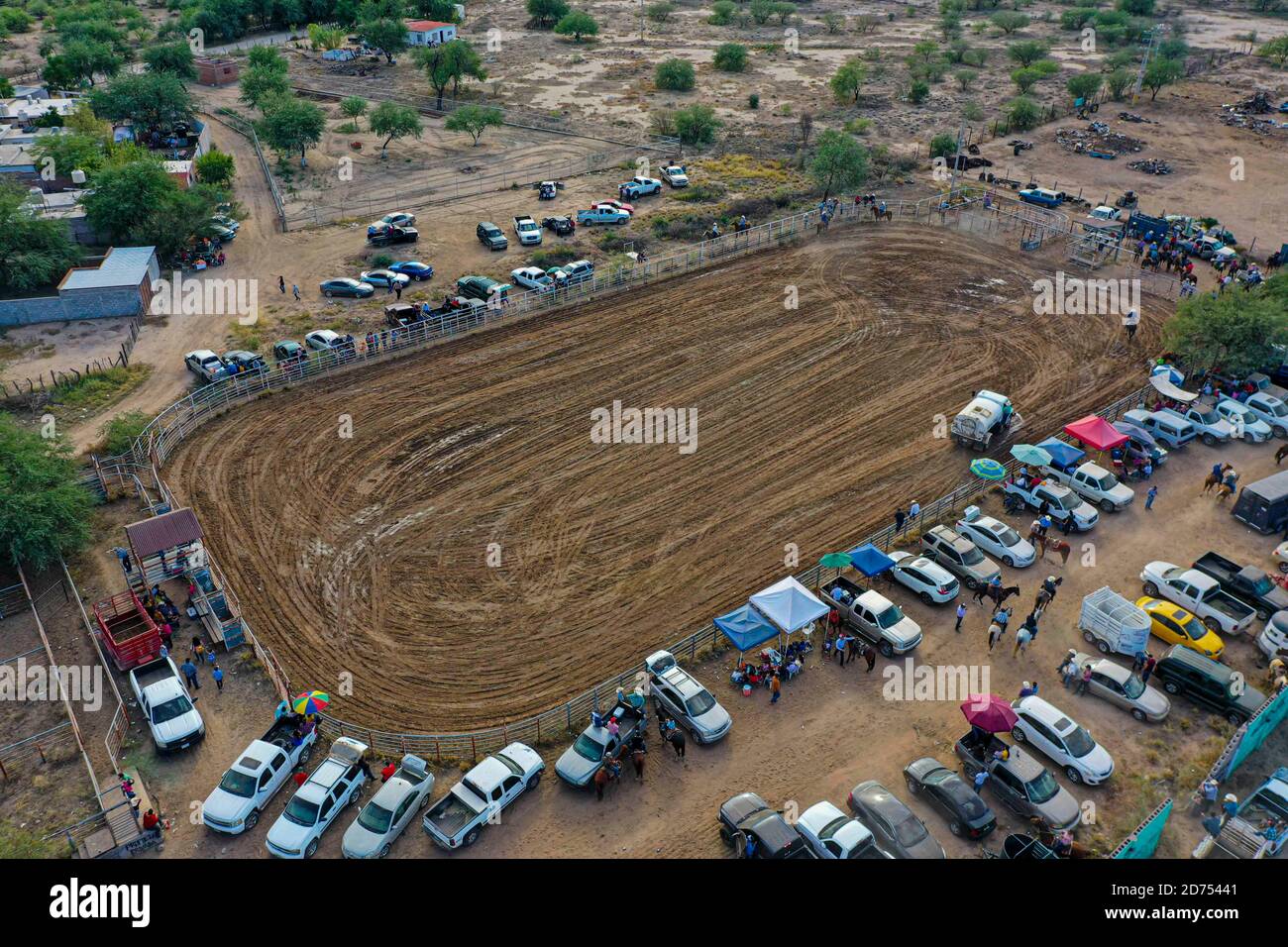 Aerial view of rodeo arena in the town of Ures, Sonora, Mexico. Jaripeo ...