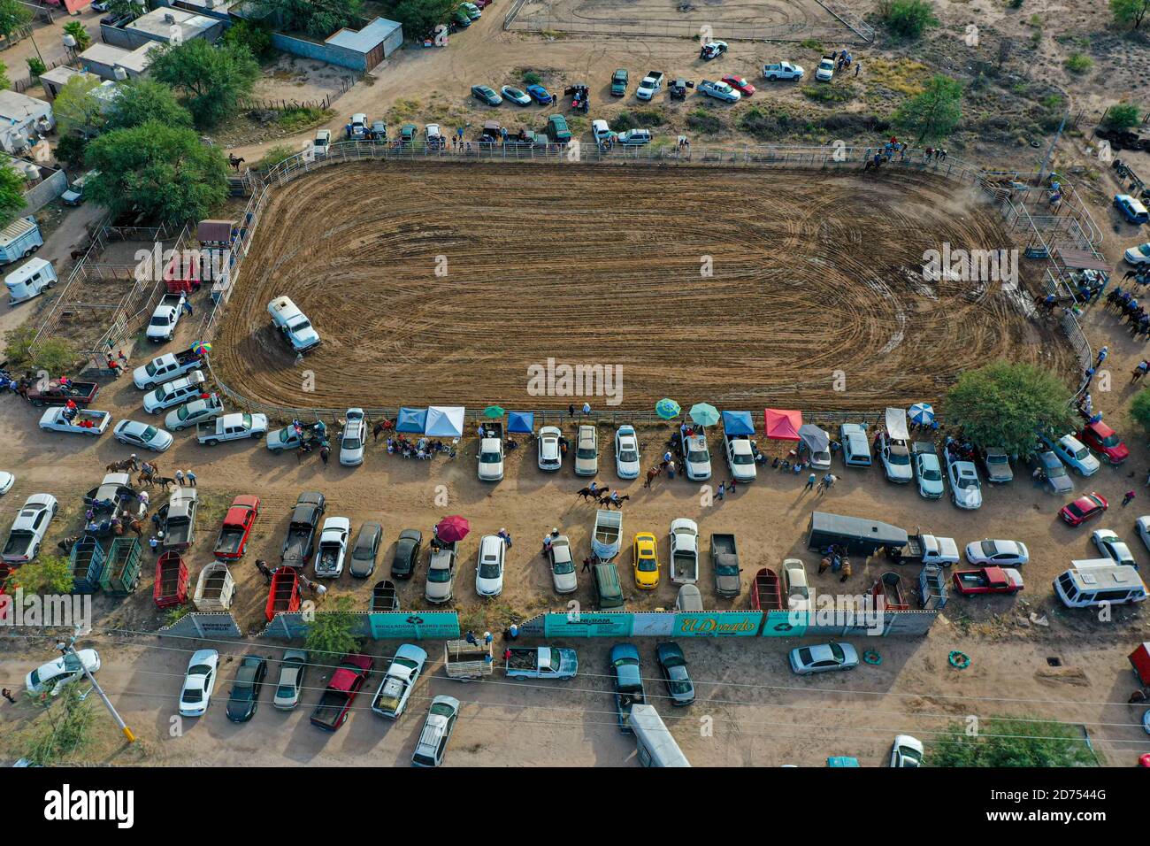 Aerial view of rodeo arena in the town of Ures, Sonora, Mexico. Jaripeo ...