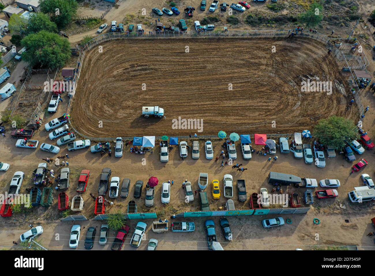 Aerial view of rodeo arena in the town of Ures, Sonora, Mexico. Jaripeo ...