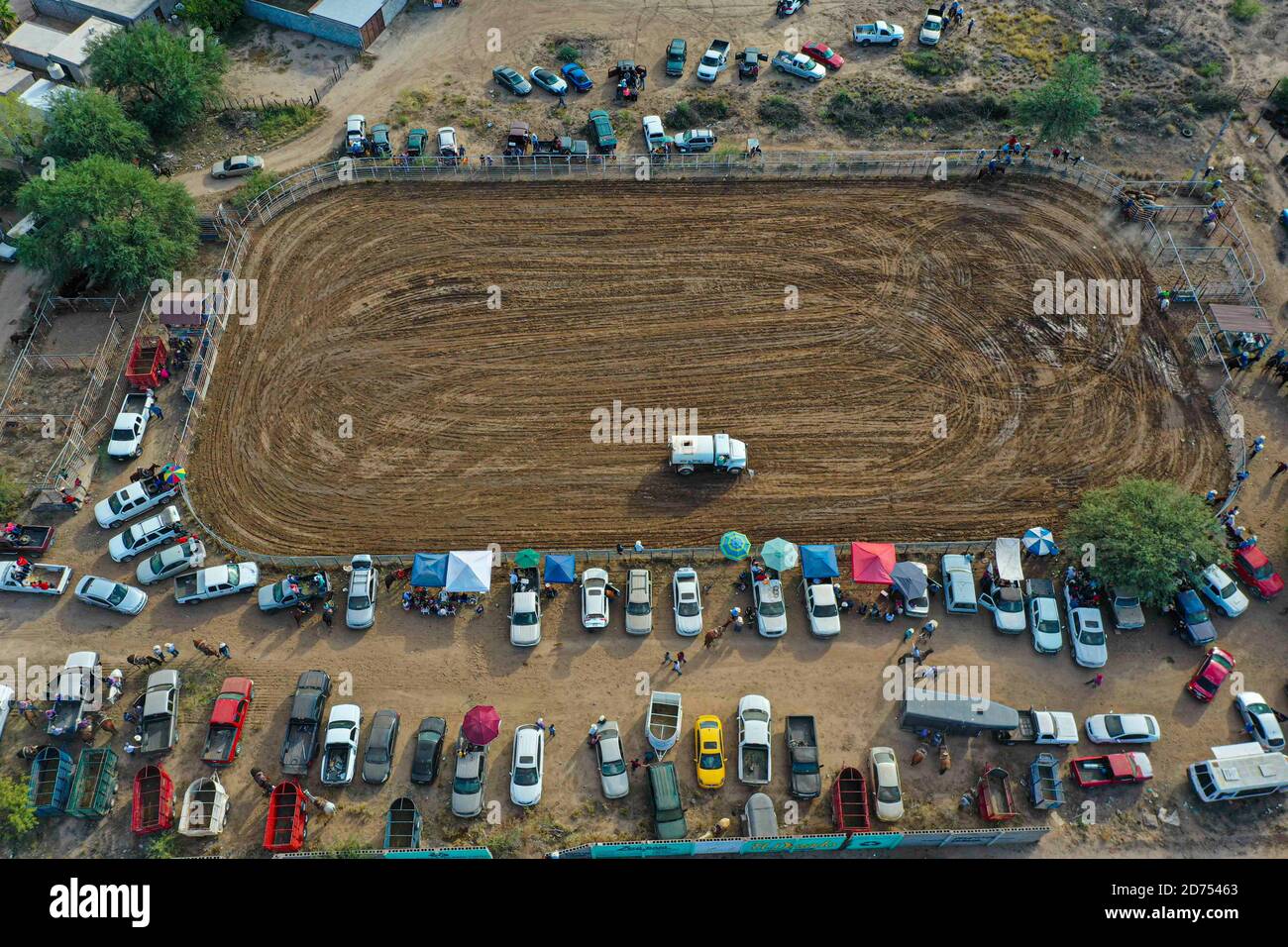 Aerial view of rodeo arena in the town of Ures, Sonora, Mexico. Jaripeo ...
