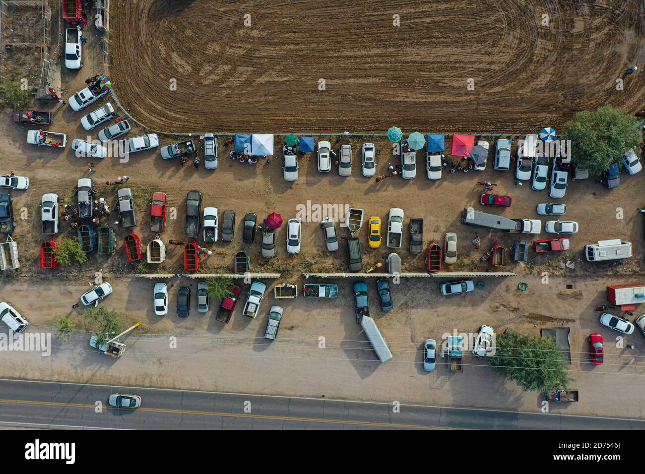 Aerial view of rodeo arena in the town of Ures, Sonora, Mexico. Jaripeo ...