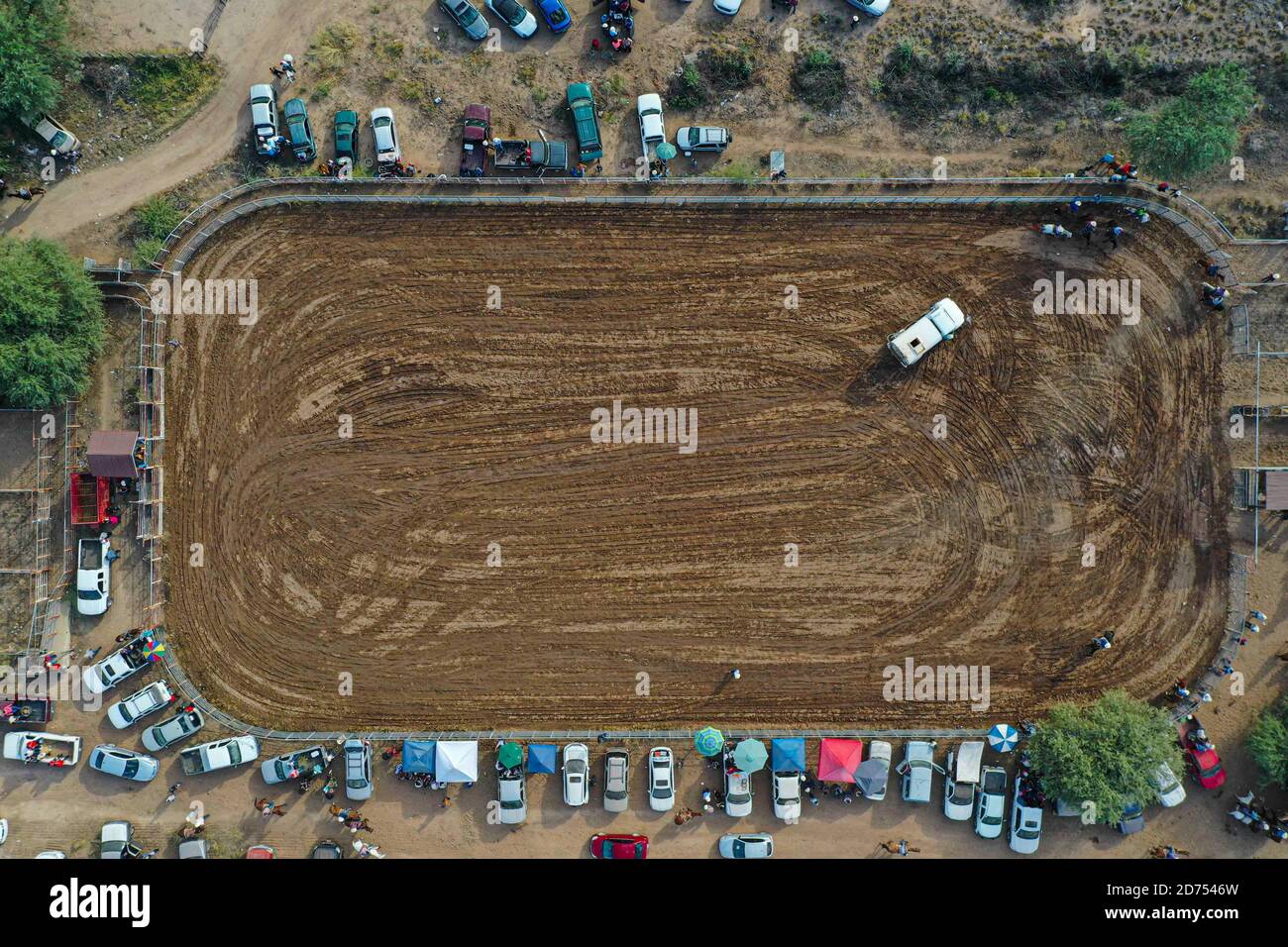 Aerial view of rodeo arena in the town of Ures, Sonora, Mexico. Jaripeo ...