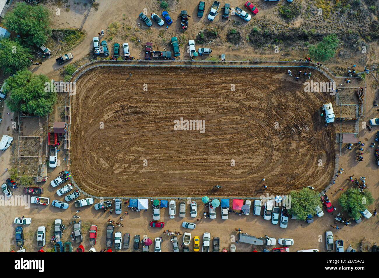Aerial view of rodeo arena in the town of Ures, Sonora, Mexico. Jaripeo ...