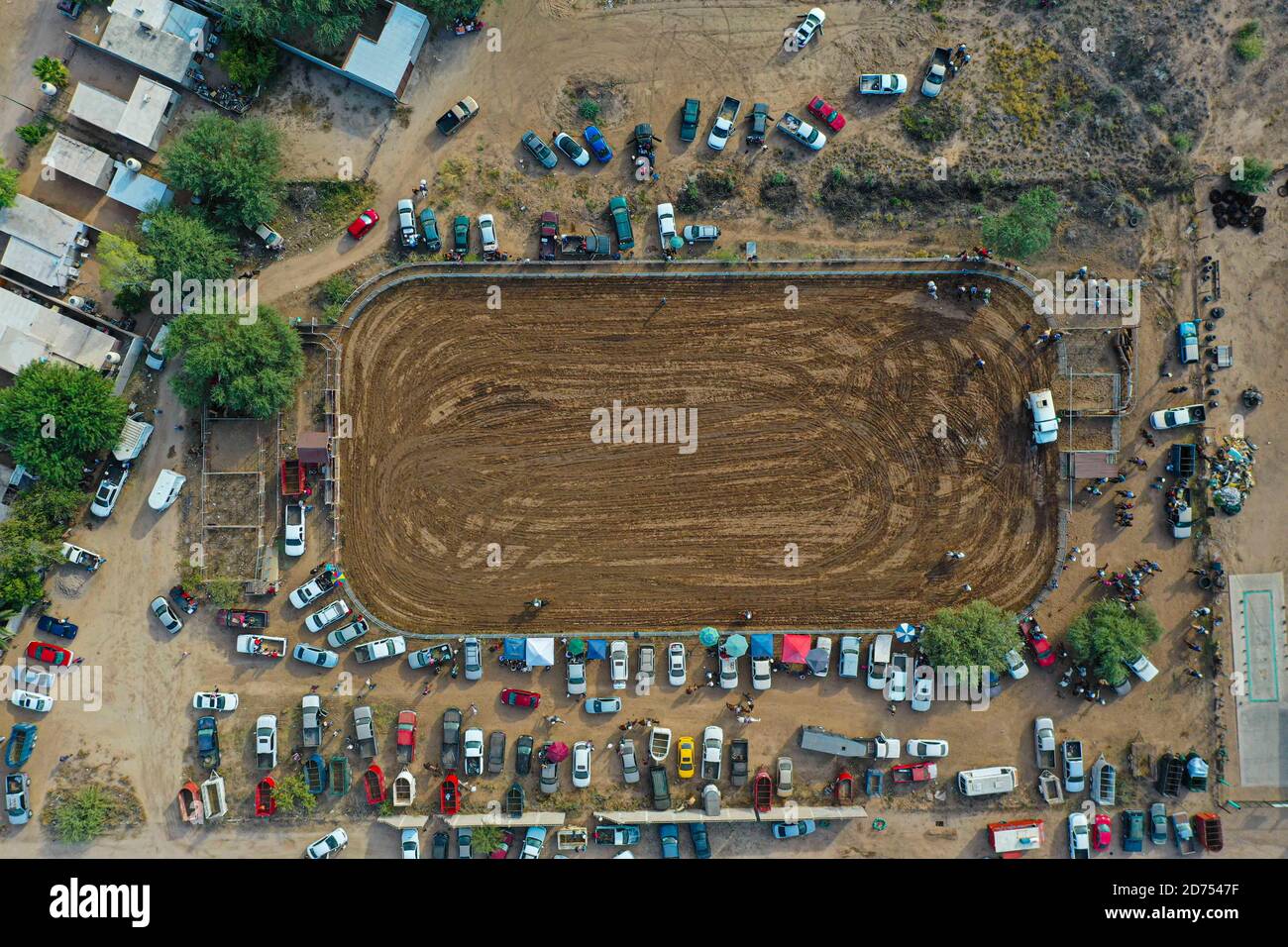 Aerial view of rodeo arena in the town of Ures, Sonora, Mexico. Jaripeo ...