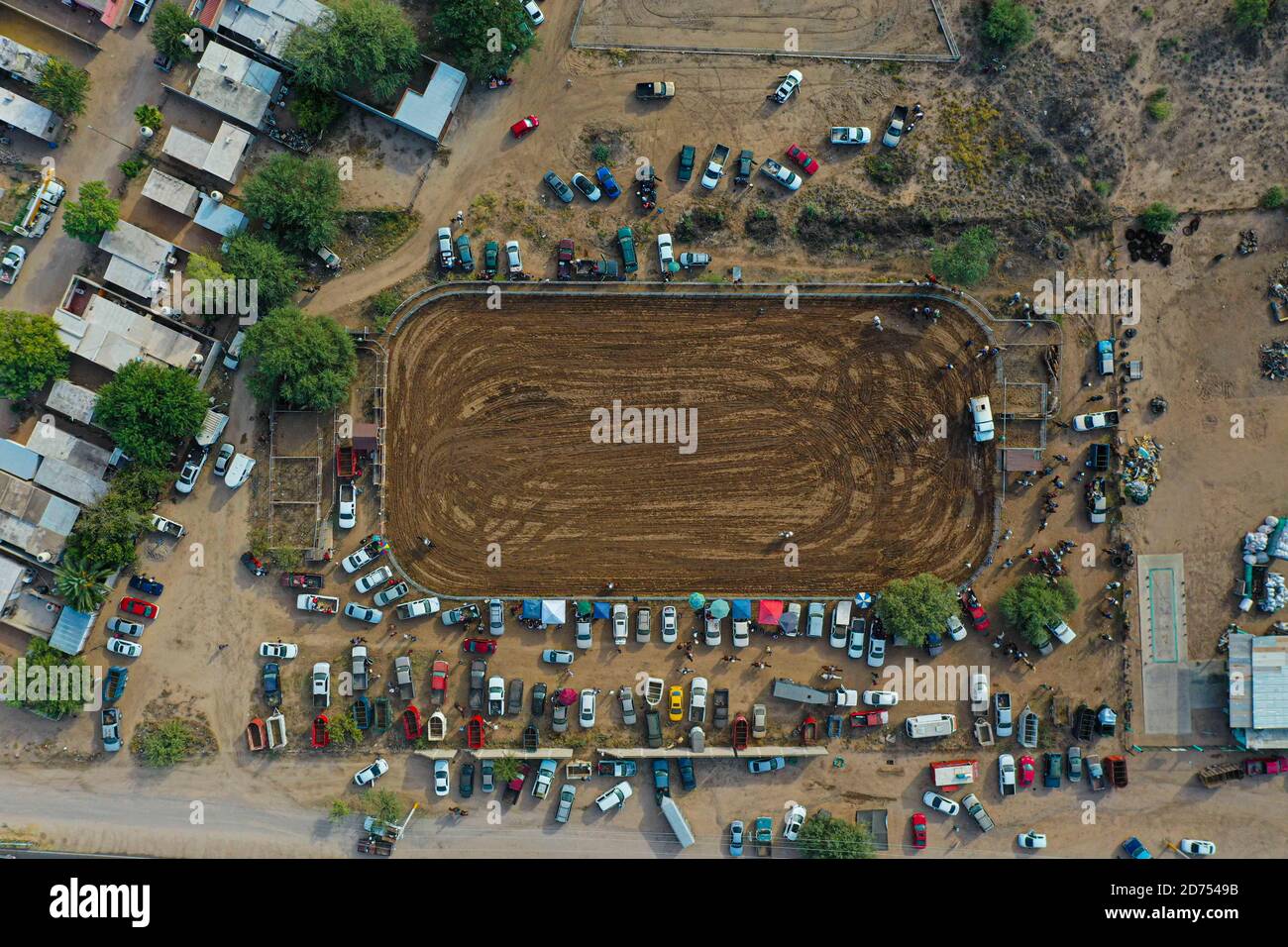 Aerial view of rodeo arena in the town of Ures, Sonora, Mexico. Jaripeo ...