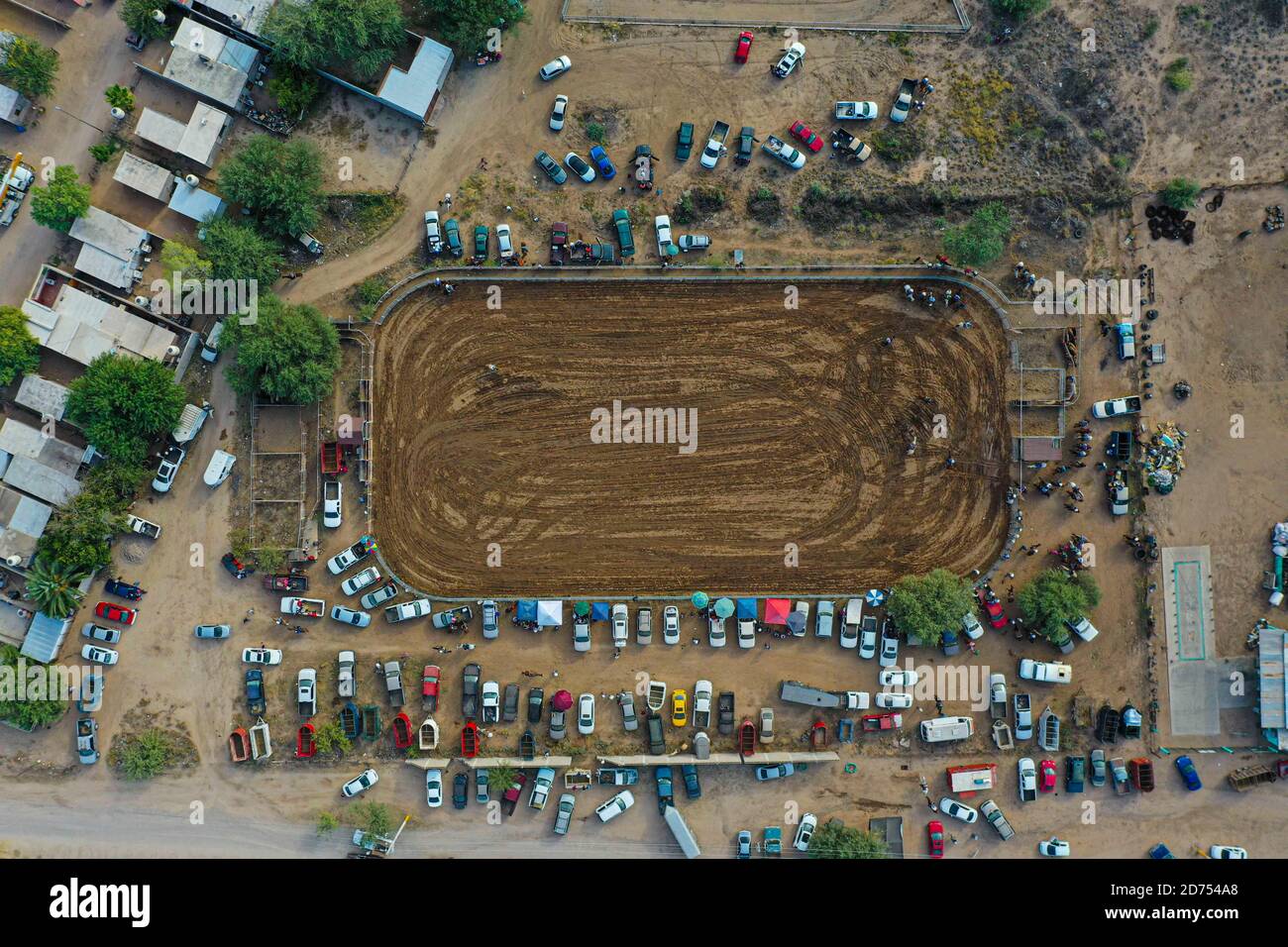 Aerial view of rodeo arena in the town of Ures, Sonora, Mexico. Jaripeo ...