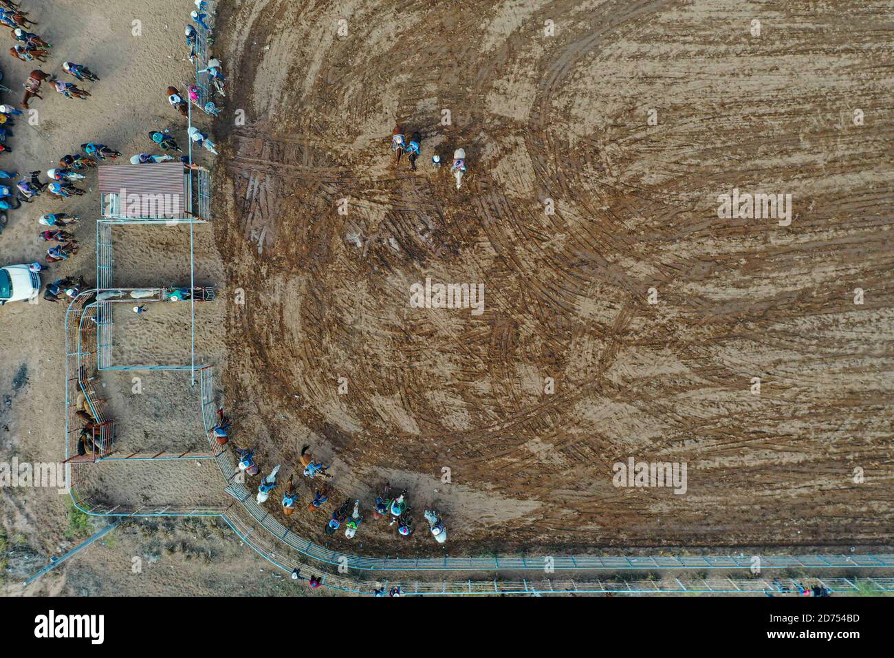 Aerial view of rodeo arena in the town of Ures, Sonora, Mexico. Jaripeo ...