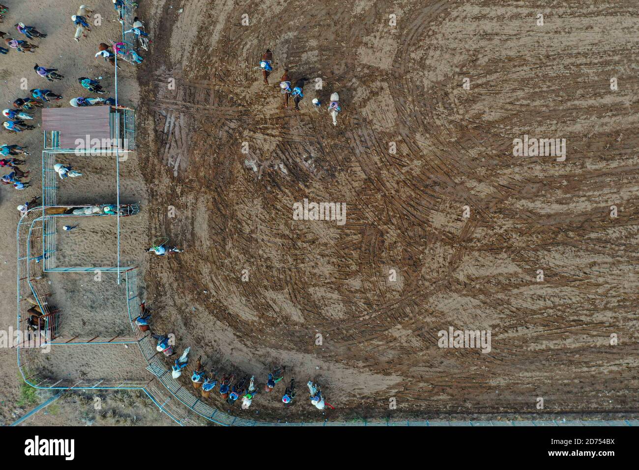Aerial view of rodeo arena in the town of Ures, Sonora, Mexico. Jaripeo ...