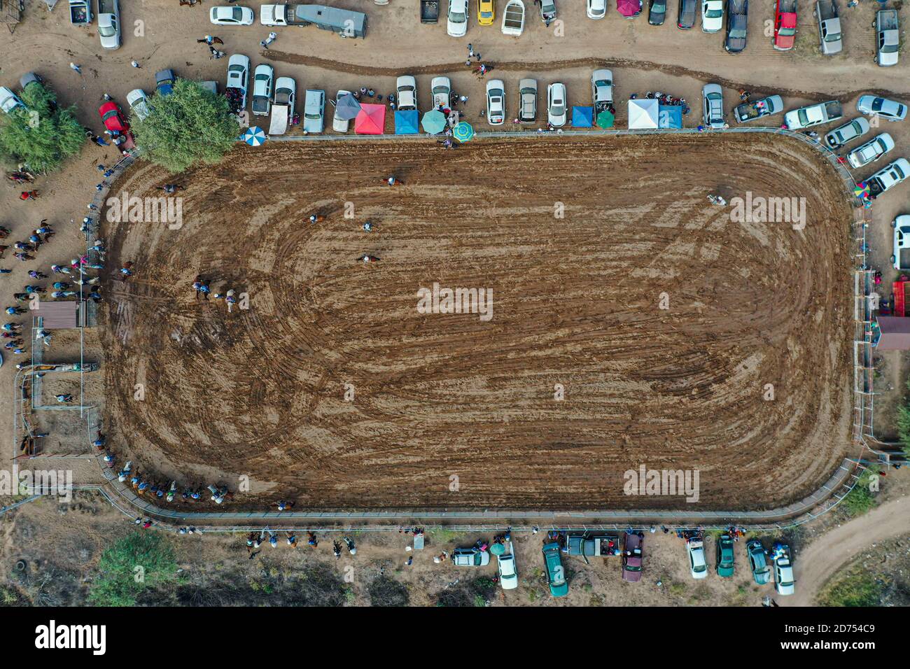 Aerial view of rodeo arena in the town of Ures, Sonora, Mexico. Jaripeo ...