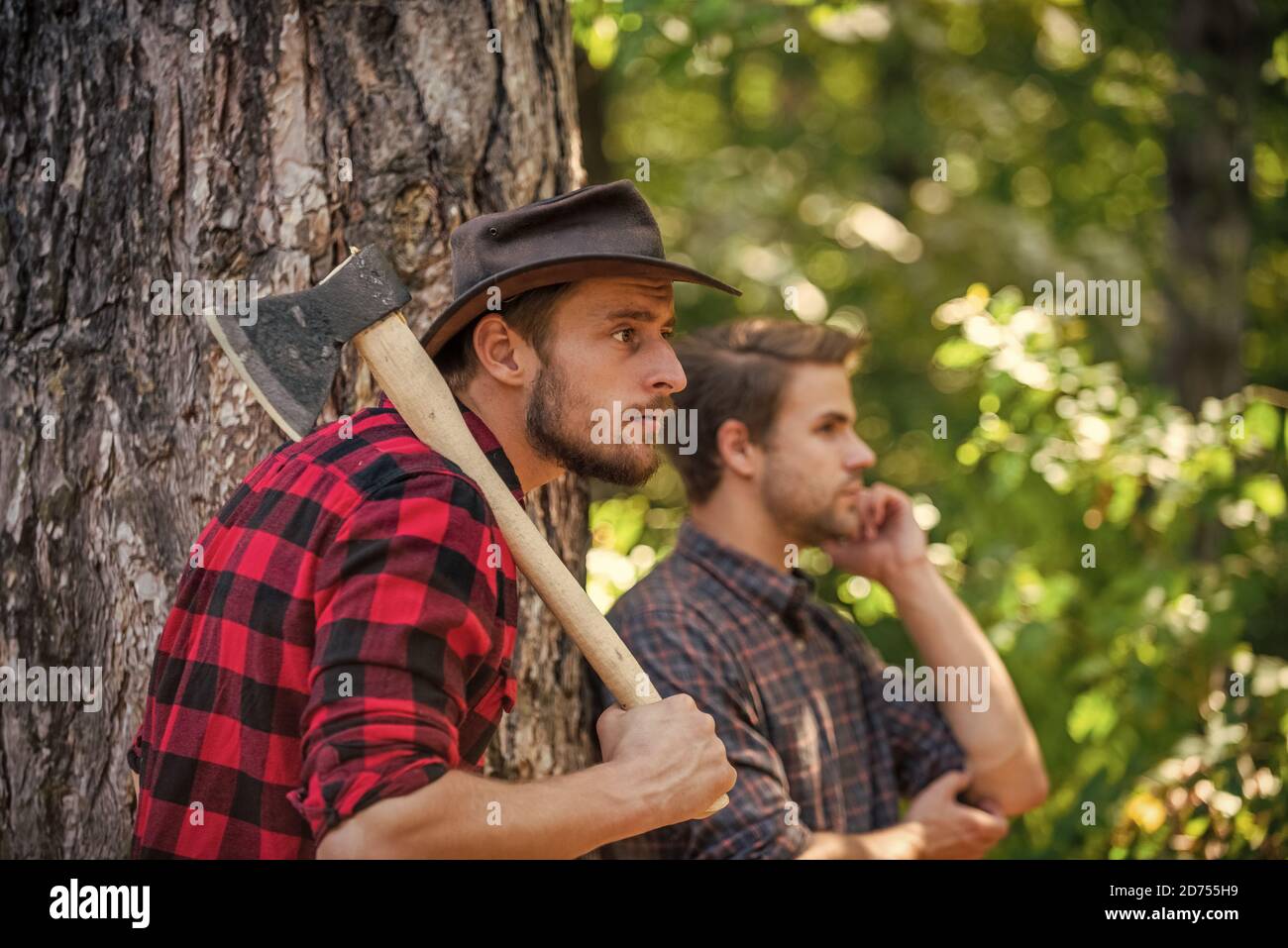 Lumberjack with chainsaw and ax. Harvest firewood. hiking in deep wood ...