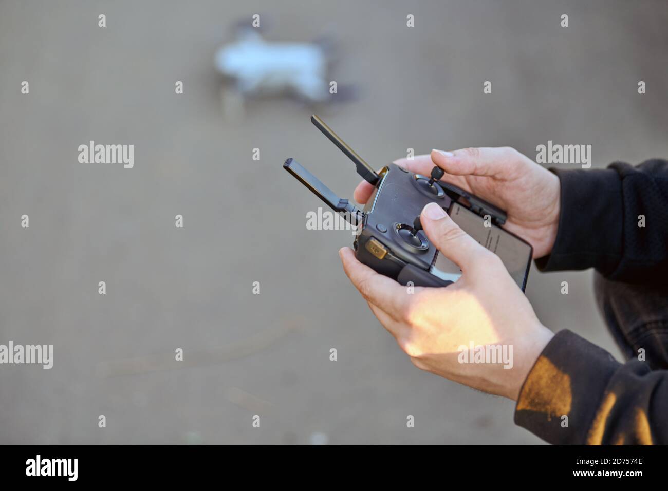 Drone remote Controller in operator hands. Drone preparation for ...