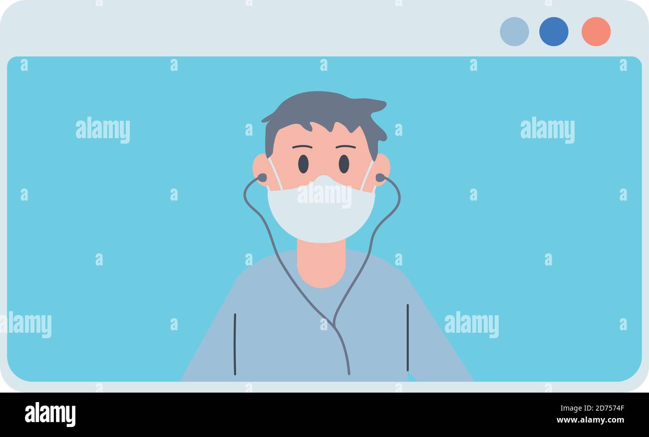 young man wearing face mask listen music in webpage template vector ...