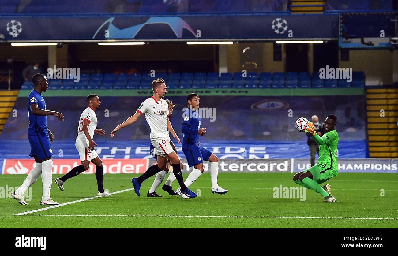 Chelsea goalkeeper Edouard Mendy makes a save during the Champions ...